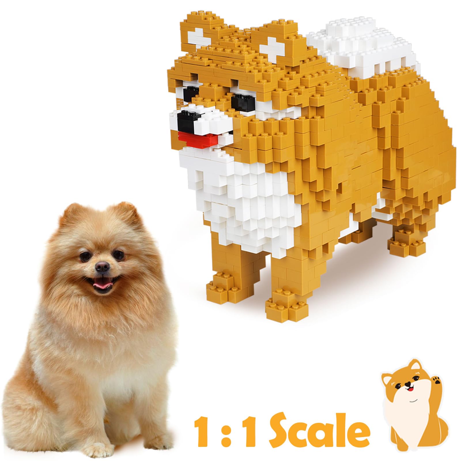 Dog Building Blocks Animal Dog Block Dog Building Set Animals Building Blocks 1:1 Life-Size Dogs Building Animal Set DIY 3D Block Toy Building Blocks for Kids Or Adult 1250PCS (Pomeranian)