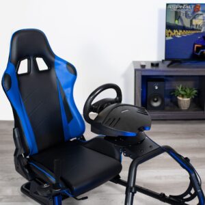 VIVO Racing Simulator Cockpit with Wheel Stand, Gear Mount, Chair and Frame Only, Fits Logitech, Thrustmaster, Fanatec, Compatible with Xbox One, Playstation, PC Video Game, Blue Stripe, STAND-RACE1BL