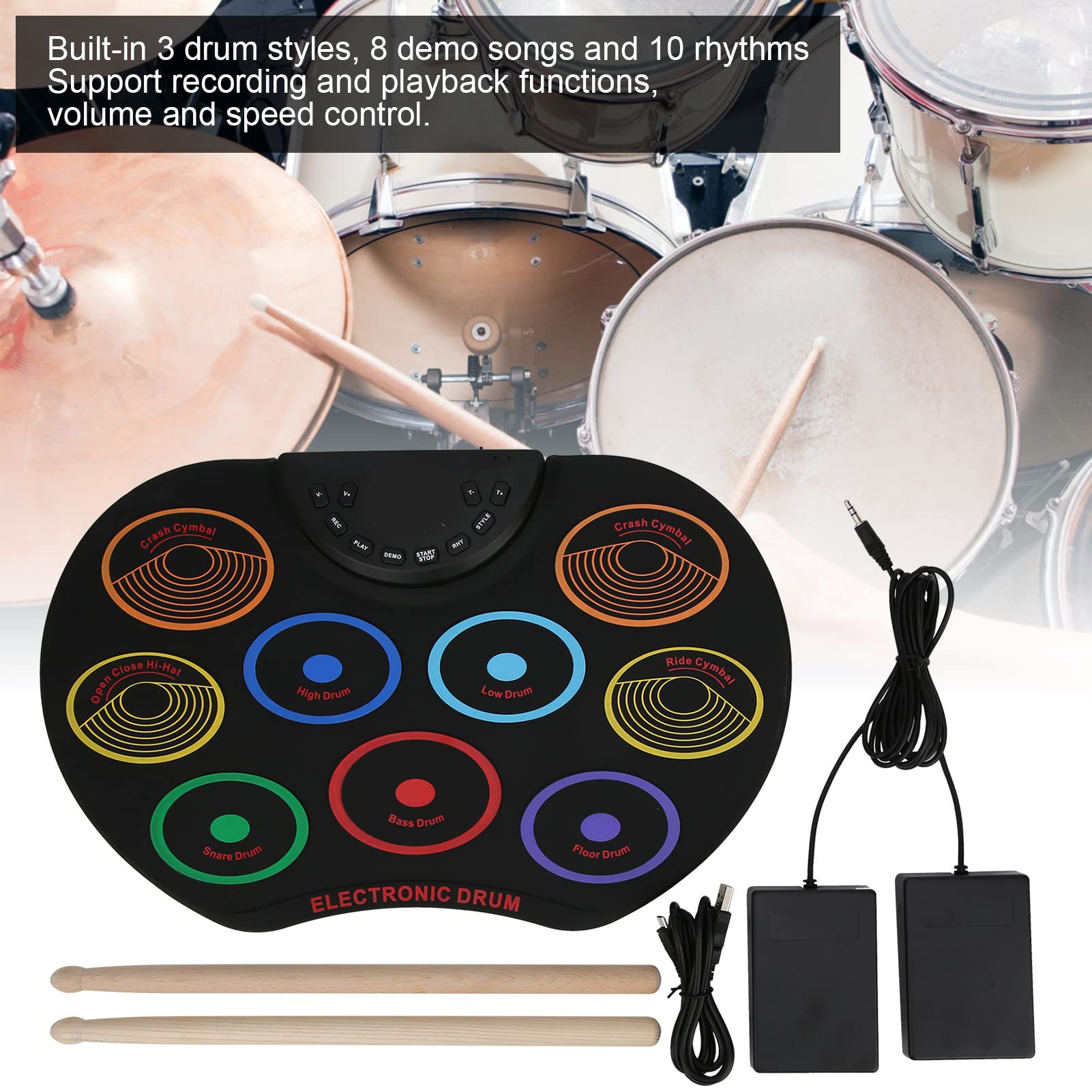 Electronic Drum Pad Electric Drum Set Kids Drum Roll up Practice Drum Pad Beginner Percussion Instrument(Colorful )