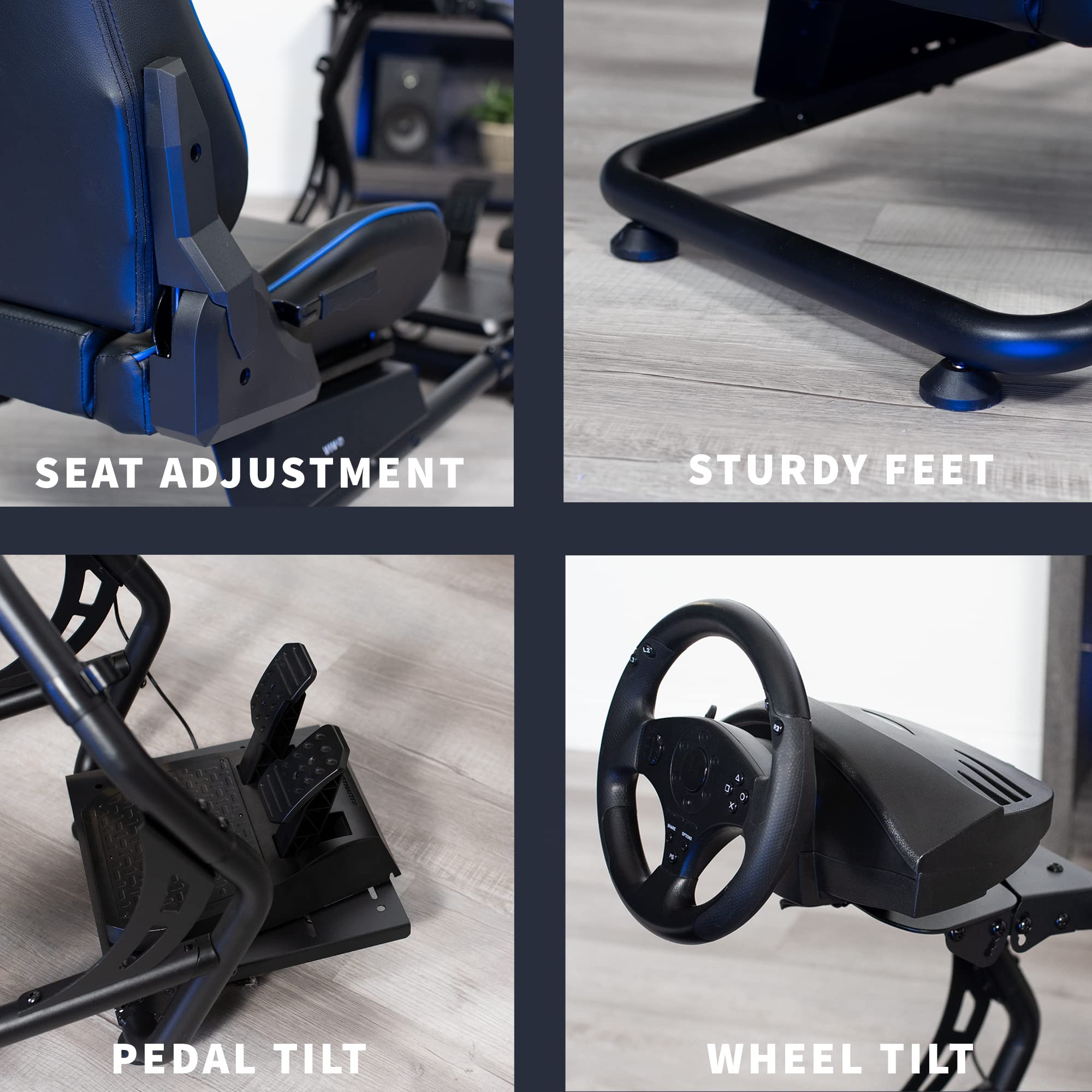 VIVO Racing Simulator Cockpit with Wheel Stand, Gear Mount, Chair and Frame Only, Fits Logitech, Thrustmaster, Fanatec, Compatible with Xbox One, Playstation, PC Video Game, Blue Stripe, STAND-RACE1BL