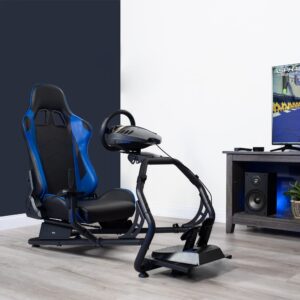 VIVO Racing Simulator Cockpit with Wheel Stand, Gear Mount, Chair and Frame Only, Fits Logitech, Thrustmaster, Fanatec, Compatible with Xbox One, Playstation, PC Video Game, Blue Stripe, STAND-RACE1BL