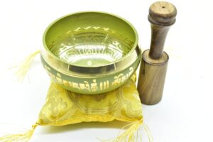 3.75" tibetan meditation yoga singing bowl yellow set with free wooden mallet and silk cushion from nepal, singing bowls.