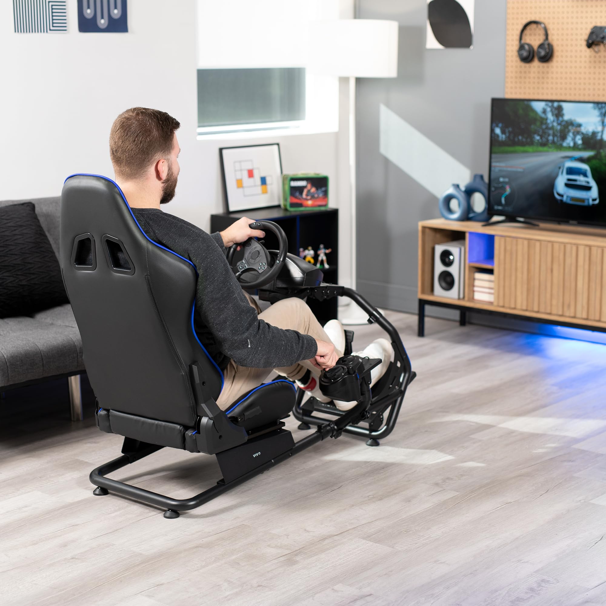 VIVO Racing Simulator Cockpit with Wheel Stand, Gear Mount, Chair and Frame Only, Fits Logitech, Thrustmaster, Fanatec, Compatible with Xbox One, Playstation, PC Video Game, Blue Stripe, STAND-RACE1BL