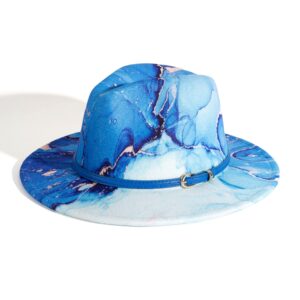 Gossifan Tie-dye Wide Brim Fedora Hats for Women Multicolor Felt Panama Hat Ocean Blue