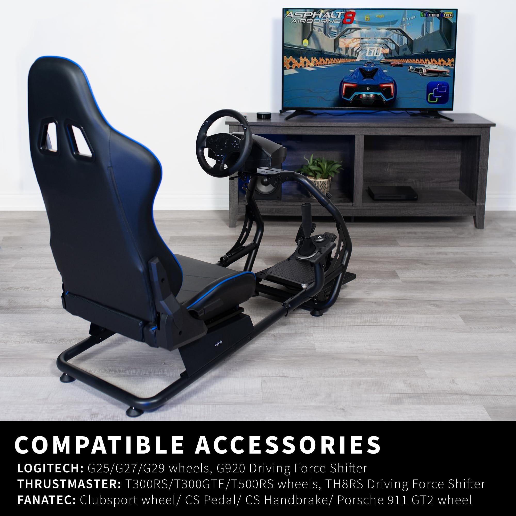 VIVO Racing Simulator Cockpit with Wheel Stand, Gear Mount, Chair and Frame Only, Fits Logitech, Thrustmaster, Fanatec, Compatible with Xbox One, Playstation, PC Video Game, Blue Stripe, STAND-RACE1BL