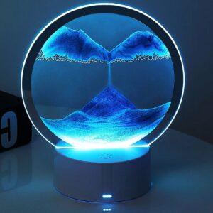 desniltol 3d moving sand art picture desk lamp, 360° rotating hourglass lights, rgb color changing table lamp,sand art liquid motion colorful creative sea 3d glass quicksand painting night light(blue)