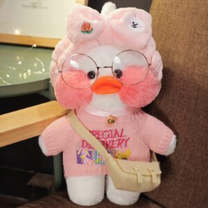 lalafanfan duck plush, cute duck stuffed animal for teen girls, kawaii duck with glasses and clothes, cute stuffed animal, birthday gifts ideas (white pink)