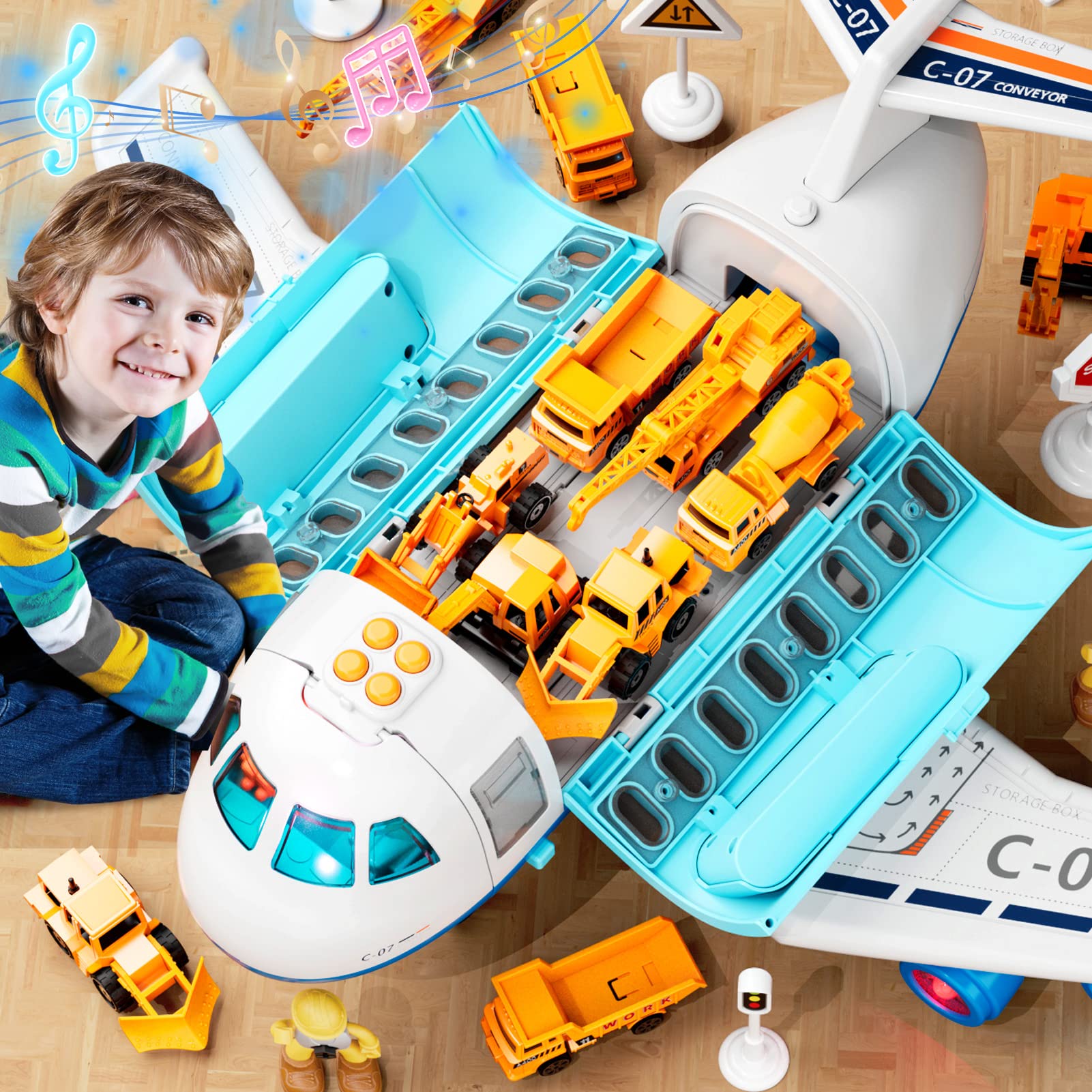 Transport Cargo Airplane, Large Theme Airplane Toy Set, Educational Toy Vehicle Play Set with Smoke Sound and Light, Fricton Powered Plane with Mini Cars and Men, Birthday Gift for Boys and Girls