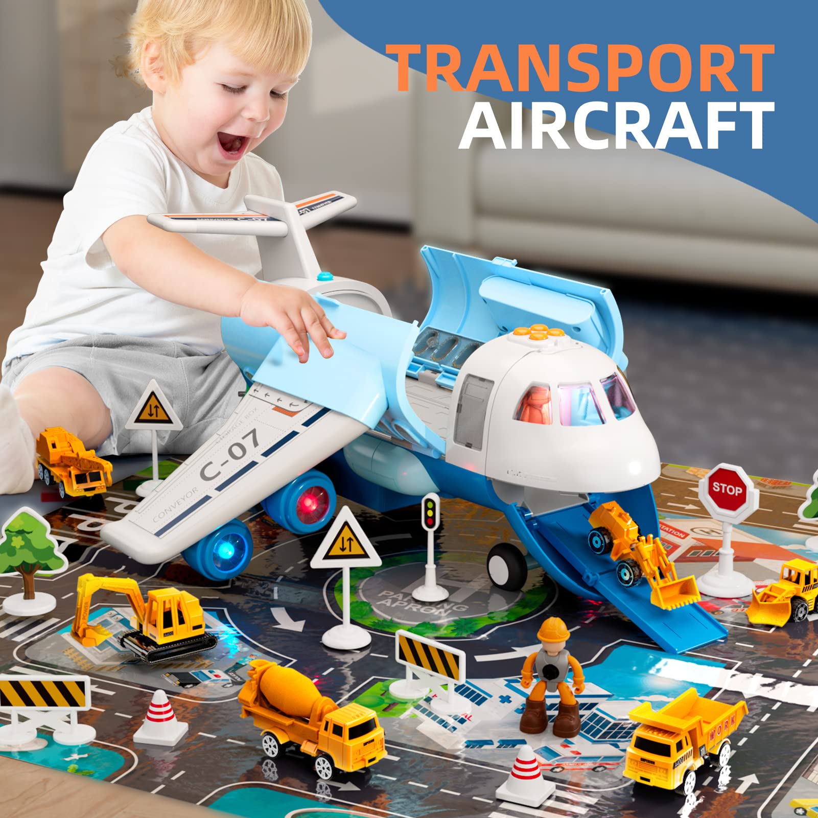 Transport Cargo Airplane, Large Theme Airplane Toy Set, Educational Toy Vehicle Play Set with Smoke Sound and Light, Fricton Powered Plane with Mini Cars and Men, Birthday Gift for Boys and Girls