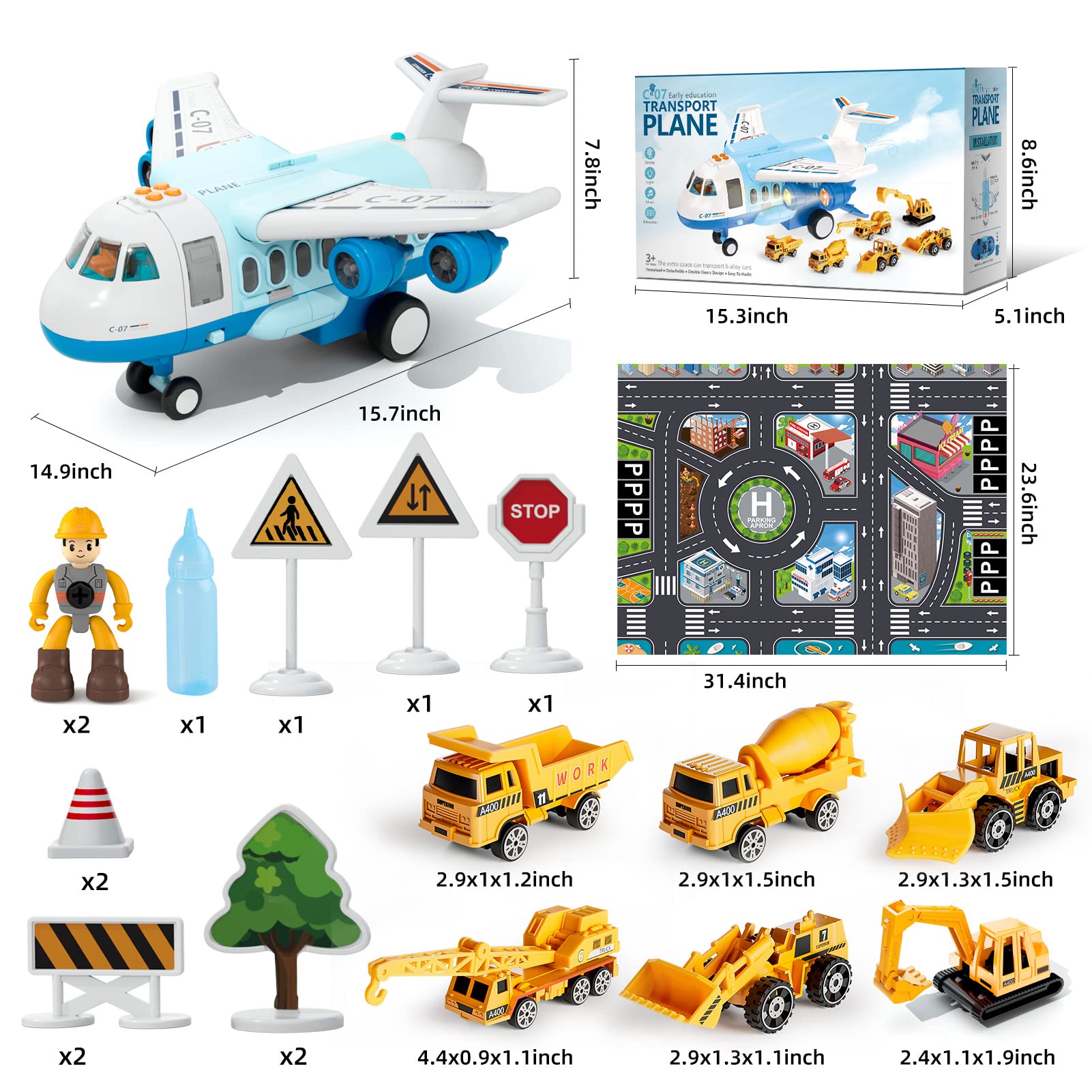 Transport Cargo Airplane, Large Theme Airplane Toy Set, Educational Toy Vehicle Play Set with Smoke Sound and Light, Fricton Powered Plane with Mini Cars and Men, Birthday Gift for Boys and Girls