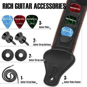 ROTOPATA Guitar Strap with Pick Holders, 2 Buttons 2 Locks 3 Guitar Picks, Cotton Strap with PU Leather Ends, Length Adjustable for Son Daughter (Black)