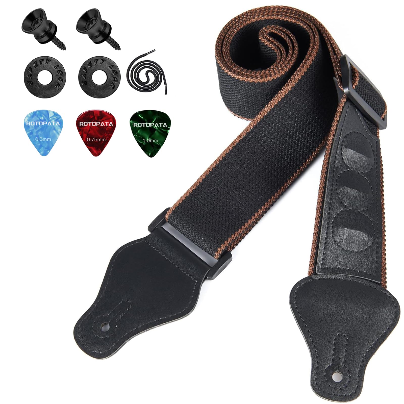 ROTOPATA Guitar Strap with Pick Holders, 2 Buttons 2 Locks 3 Guitar Picks, Cotton Strap with PU Leather Ends, Length Adjustable for Son Daughter (Black)