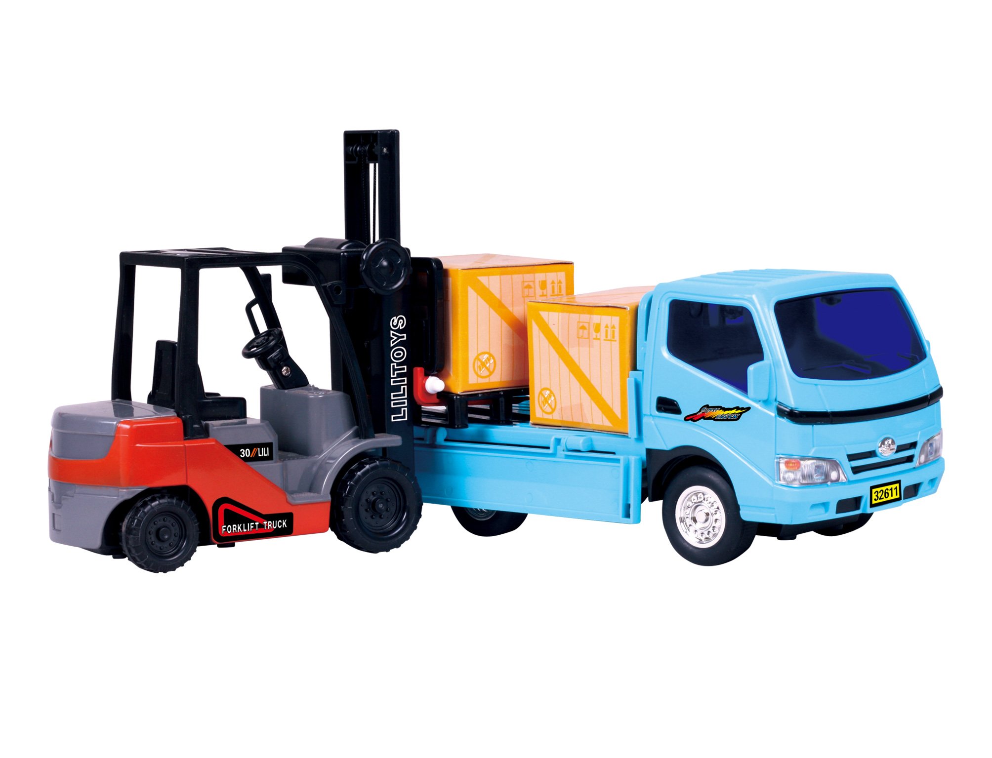 AMPERSAND SHOPS Kids Friction Powered Forklift & Truck Play Set Vehicle with 2 Cargo Boxes Plus Pallet