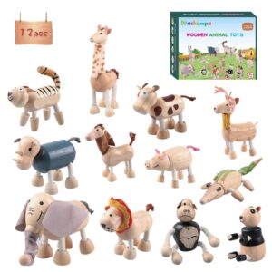 12pcs bendable wooden animal toys, fun and posable animal toys figures for early education, safari wood toy for kids, smooth natural wood, wood animal learning toy for children