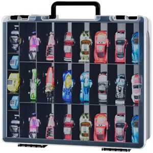 fullcase toys organizer storage compatible with hot wheels car, container for matchbox cars, mini toys, small dolls, double sided carrying box for hotwheels car- 48 compartments(box only) black