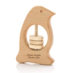 personalized wooden baby rattle teether gift with baby name engraved – a perfect keepsake - infant and newborn toys – baby girl or boy rattle and teething toy – penguin natural