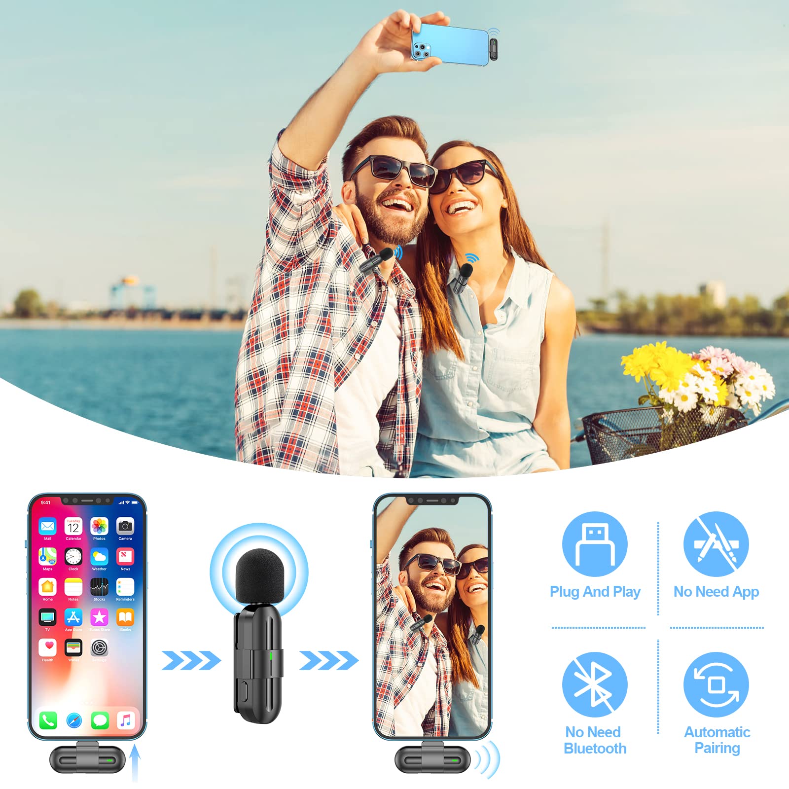 Bobcow Lavalier Wireless Microphone for iPhone iPad,Plug Play,2-Pack Mini Cordless Recording Mic with Noise Reduction,Clip-on Microphones for Live Streaming,Vlog(2 in 1/iOS,No App Required)