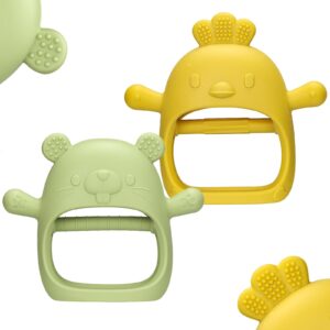 tinyhalo 2pcs silicone baby teething toys, self-soothing healthy oral development teething mittens, bpa free, anti-drop, adorable and colorful baby chew toys for sucking needs (mango)