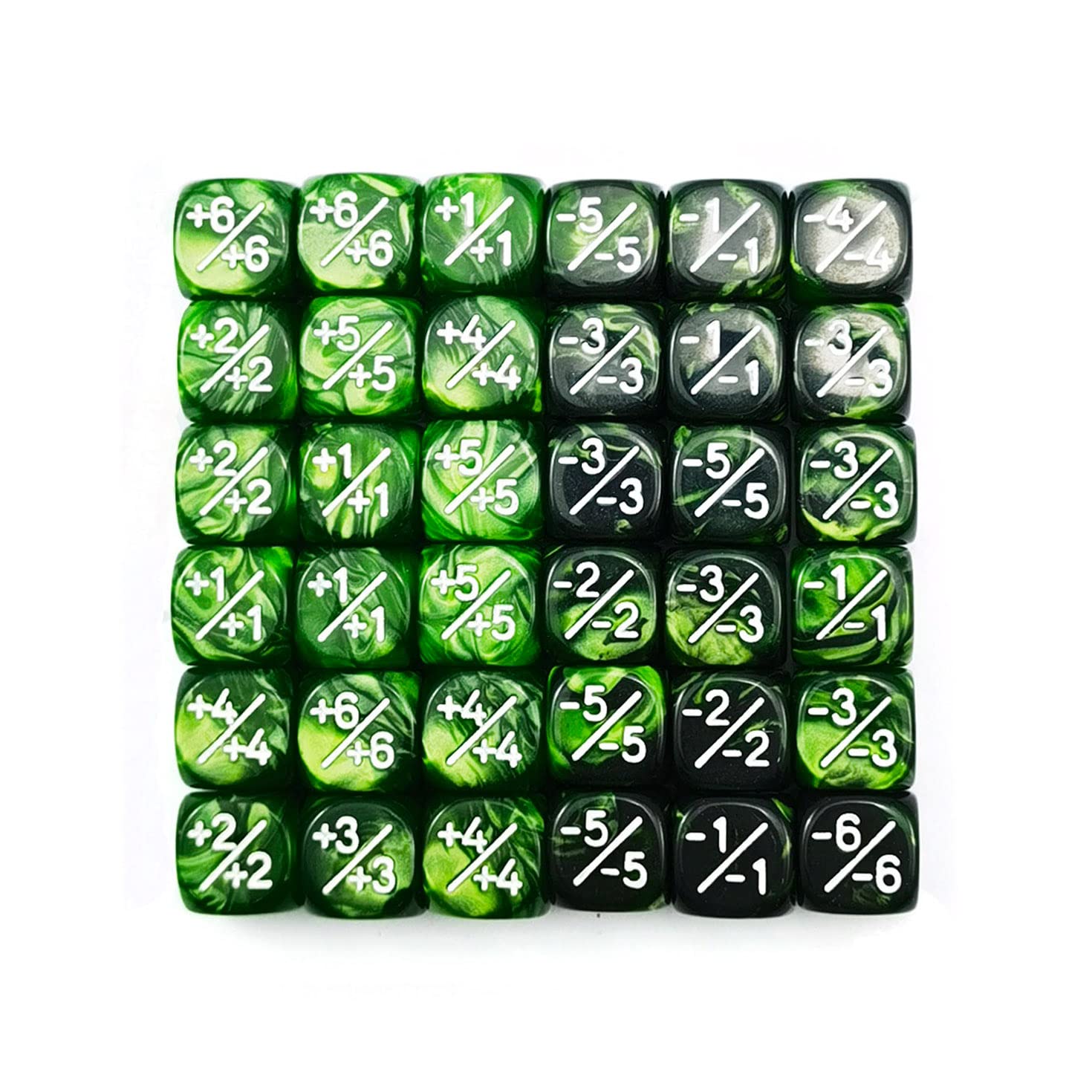 36pcs 12mm Positive and Negative Dice Counters Marble Green+Gemini Green&Black Set, Small Token Dice Loyalty Dice Compatible with MTG, CCG, Card Games