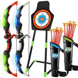 ownone 1 bow and arrow for kids 4-6-8-12 years old, archery toy set for boys with led lights - includes 2 bows, 20 suction cup arrows, 2 quivers & standing target, outdoor toys for kids boys girls