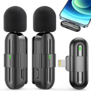 bobcow lavalier wireless microphone for iphone ipad,plug play,2-pack mini cordless recording mic with noise reduction,clip-on microphones for live streaming,vlog(2 in 1/ios,no app required)