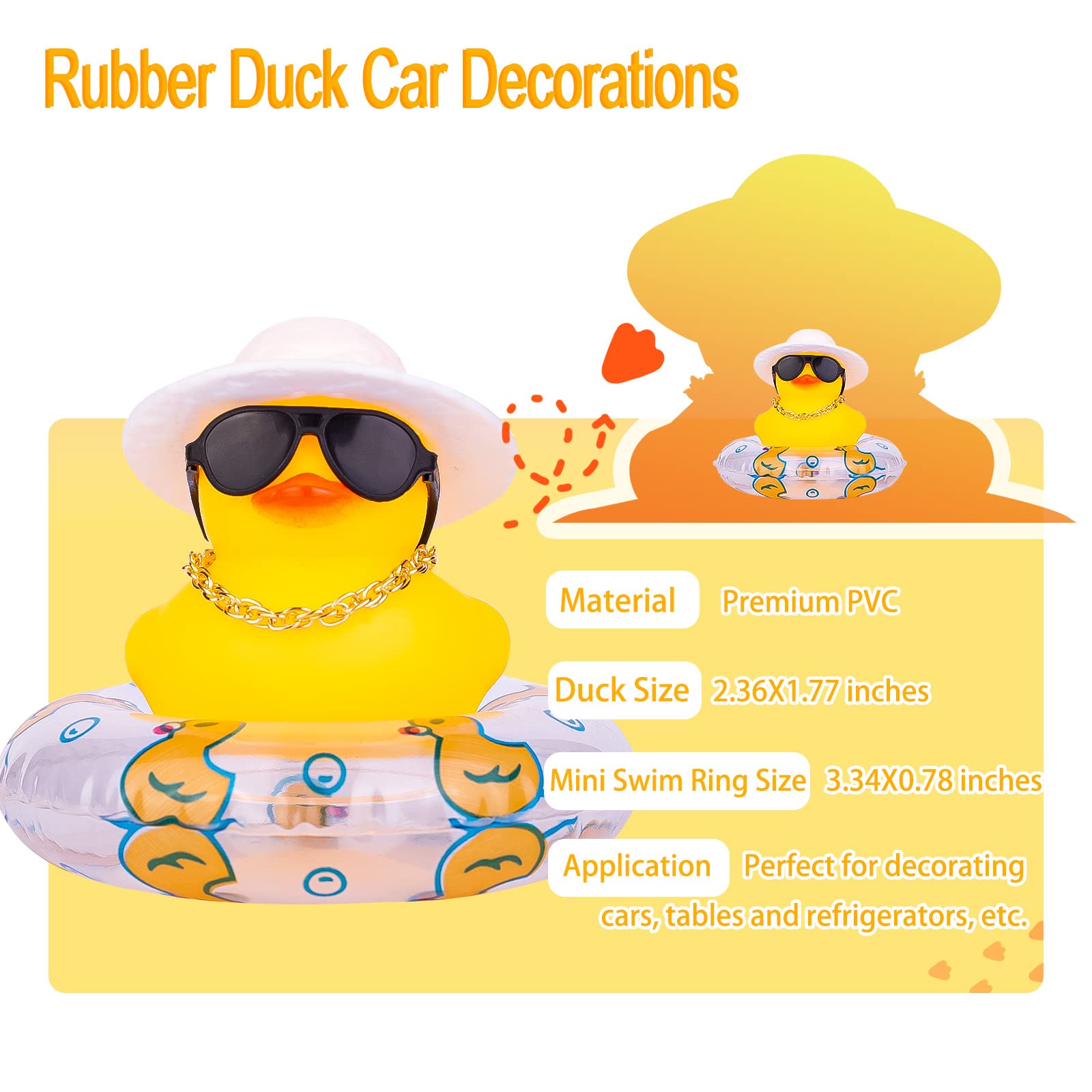 MuMyer Duck Car Dashboard Decorations Rubber Duck Car Ornaments for Car Dashboard Decoration Accessories with Mini Swim Ring Sun Hat Necklace and Sunglasses(Blue Sun Hat)