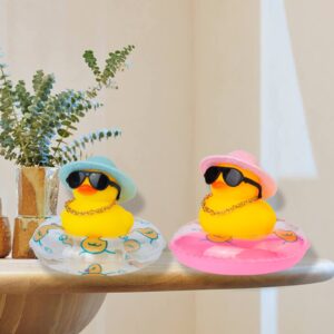 MuMyer Duck Car Dashboard Decorations Rubber Duck Car Ornaments for Car Dashboard Decoration Accessories with Mini Swim Ring Sun Hat Necklace and Sunglasses(Blue Sun Hat)