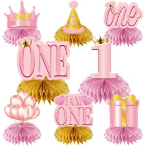 8pcs 1st birthday decorations honeycomb centerpieces for baby girls, pink rose gold i am one happy first birthday table centerpieces party supplies, one year old bday table toppers decor