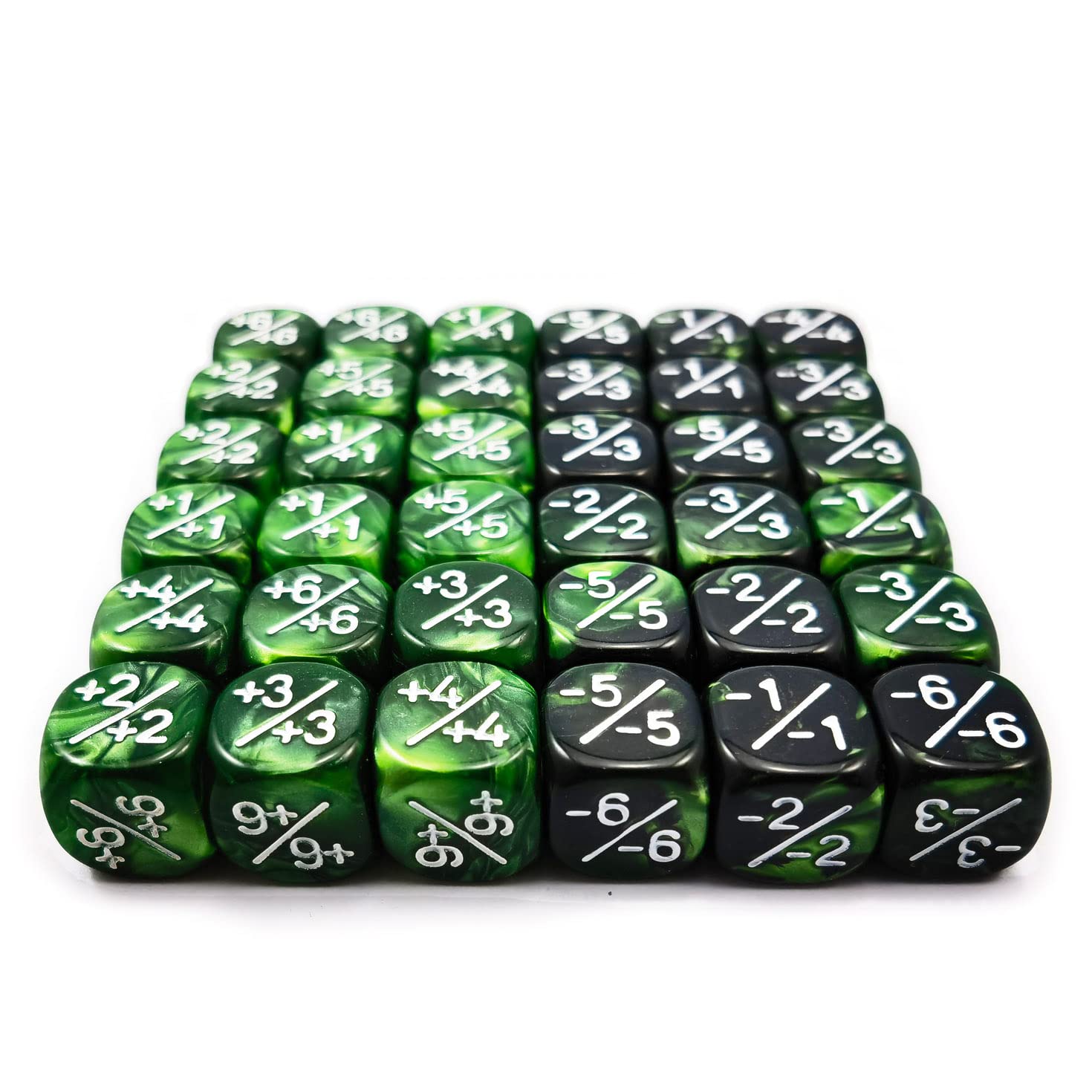 36pcs 12mm Positive and Negative Dice Counters Marble Green+Gemini Green&Black Set, Small Token Dice Loyalty Dice Compatible with MTG, CCG, Card Games