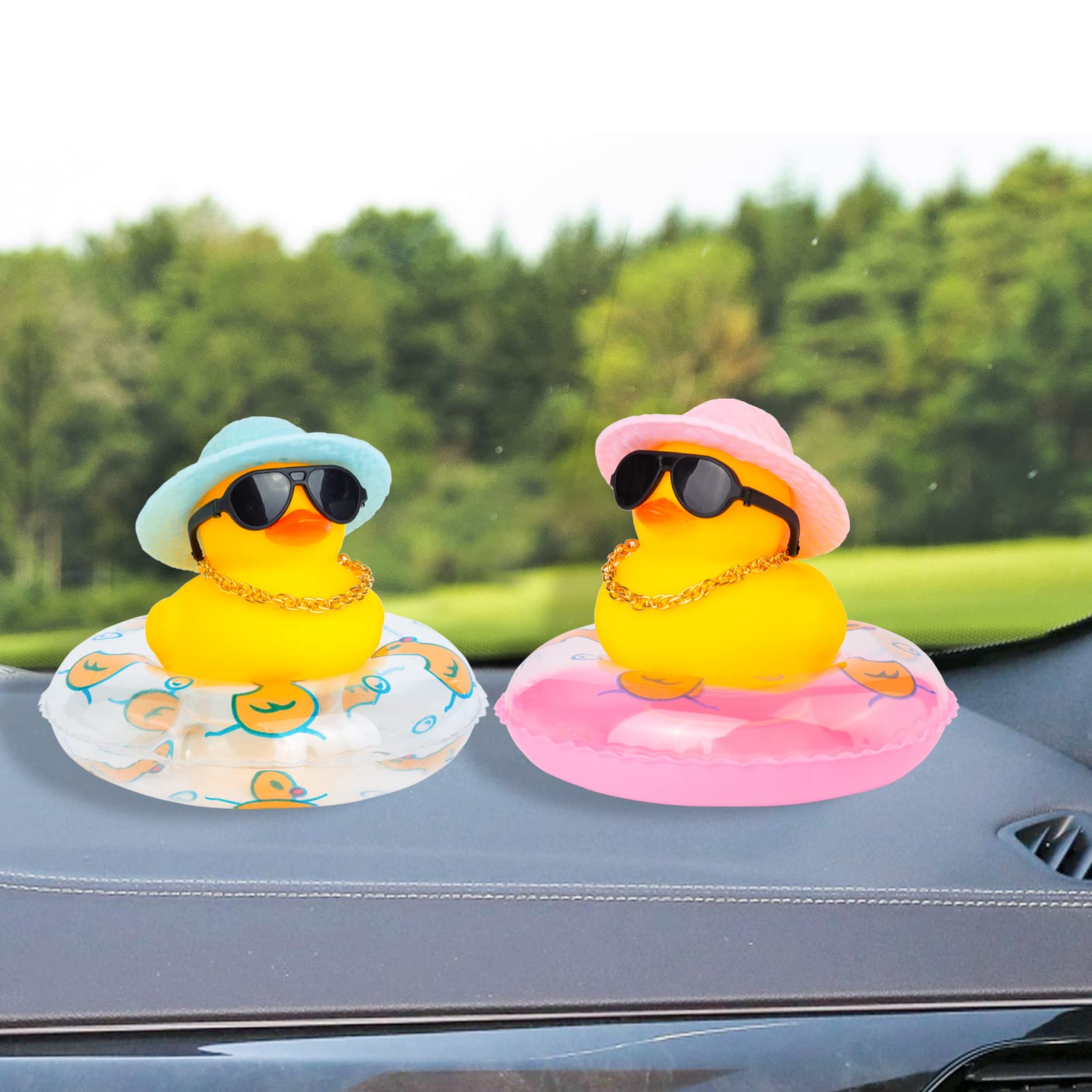 MuMyer Duck Car Dashboard Decorations Rubber Duck Car Ornaments for Car Dashboard Decoration Accessories with Mini Swim Ring Sun Hat Necklace and Sunglasses(Blue Sun Hat)