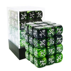 36pcs 12mm positive and negative dice counters marble green+gemini green&black set, small token dice loyalty dice compatible with mtg, ccg, card games