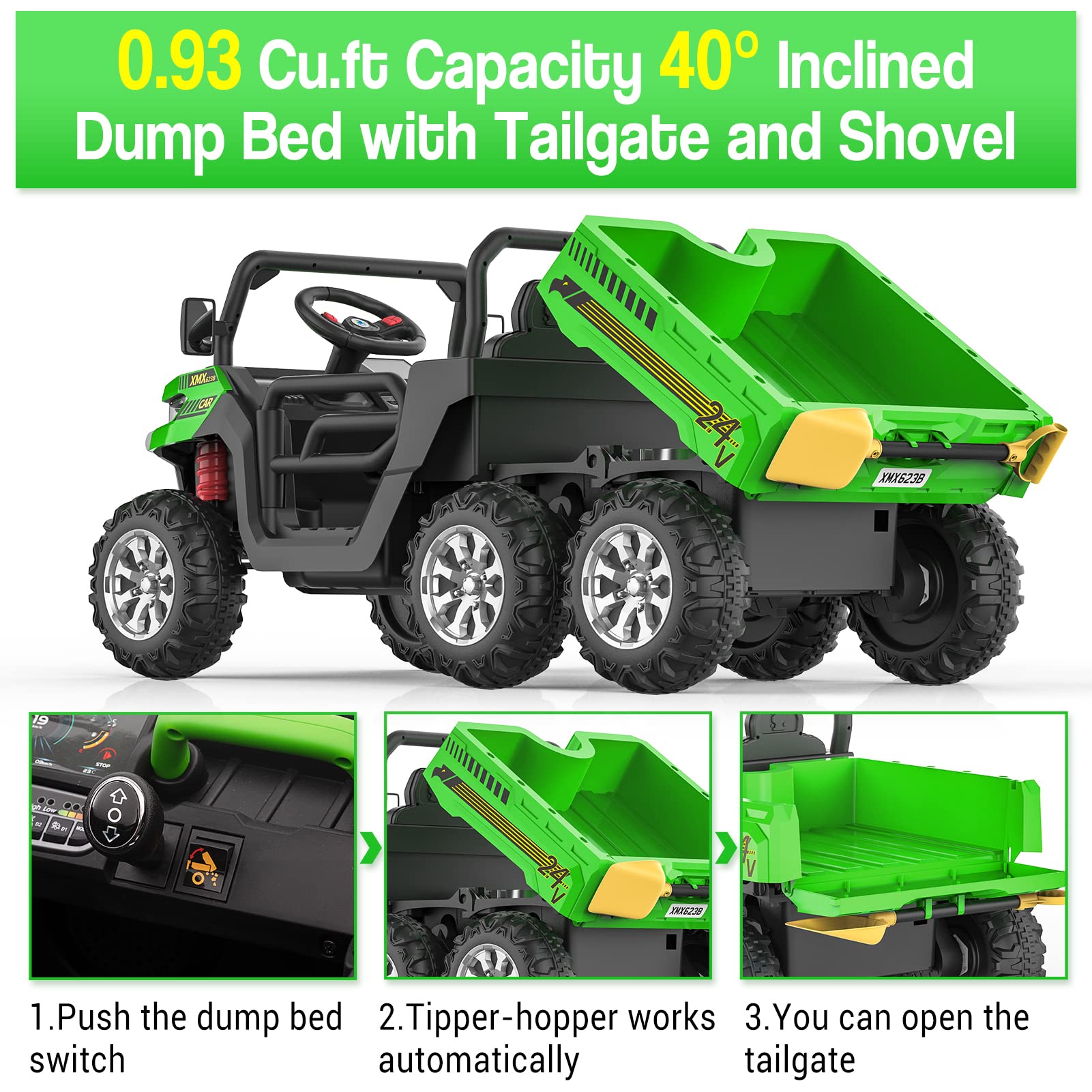 Ride On Dump Truck for Kids Ride On Car with Remote Control Electric UTV Vehicles with Electric Dump Bed, 4WD Power Ride-on 6 Wheels Ride On Toys for Boys Girls