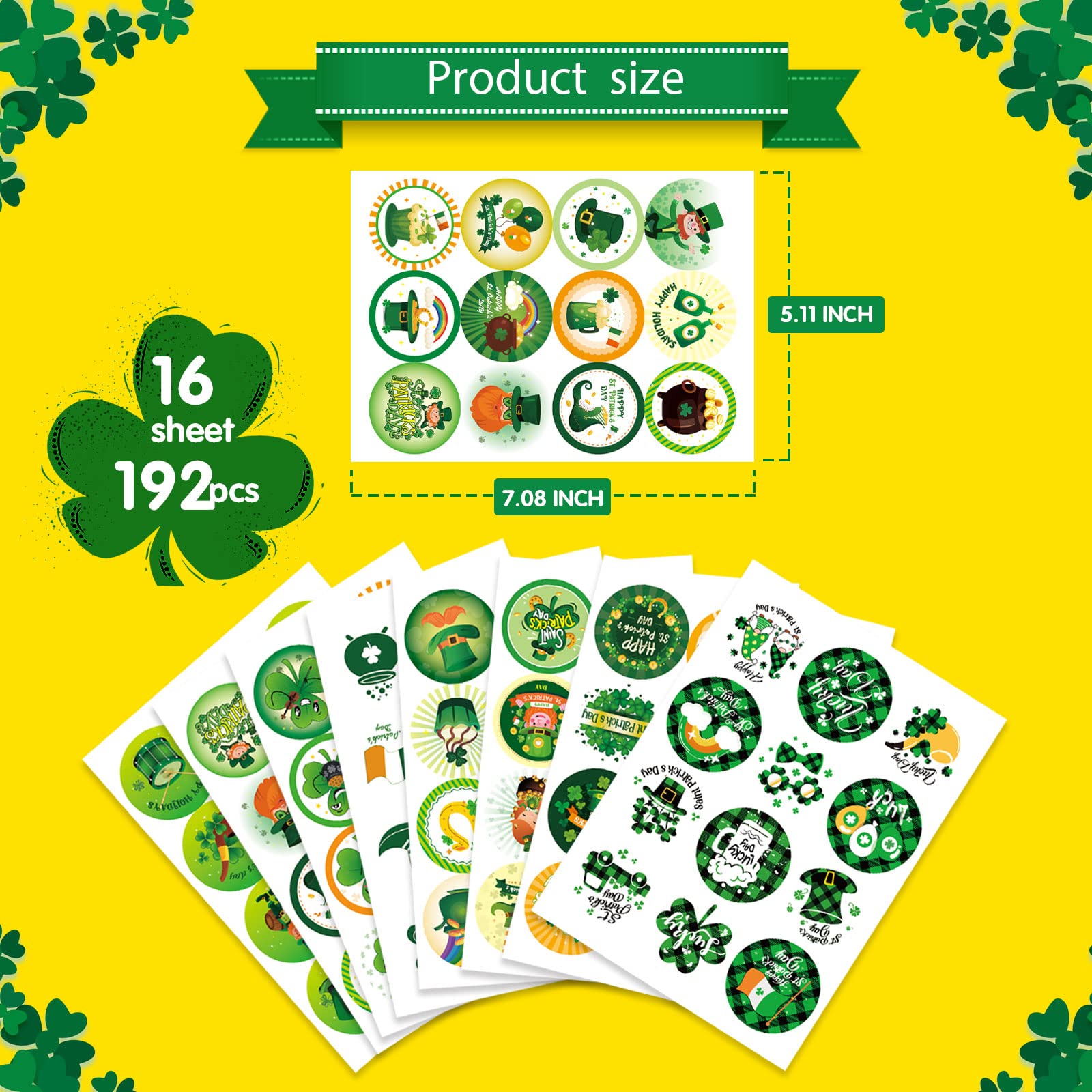 192PCS St.Patrick's Day Stickers Lucky Shamrock Clover Hat Irish Day Themed Sticker,Reward Stickers Kids Self-Adhesive Seals Labels Kids St.Patrick's Day Party Game Activities Favors Supplies Gifts