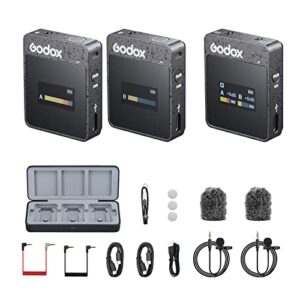 godox movelink ii m2 wireless lavalier microphone system(2 tx + 1 rx + charging case), 2.4g wireless noise cancelling mic, 100m(328ft) range for camera, computer, smartphone tiktok interview recording