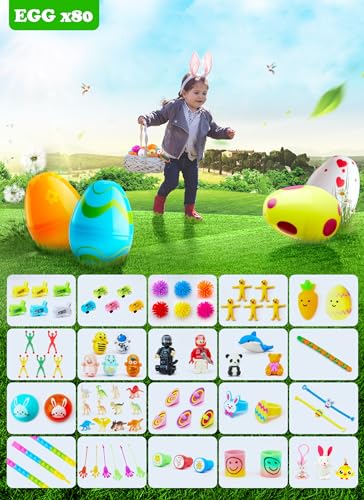 Minetom 80 Pcs Colorful Plastic Prefilled Easter Eggs with Toys inside Includes Dinosaur Toys,Finger Puppets, Pullback Car Toys, Easter Themed Rings,Easter Egg Hunt Supplies Party Favor Gifts for kids