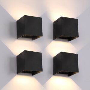 mille lucciole 4 pack led outdoor wall lights exterior/interior up and down lights ip65 waterproof wall sconces 12w square aluminum outdoor wall lighting fixtures modern black 3000k warm lights