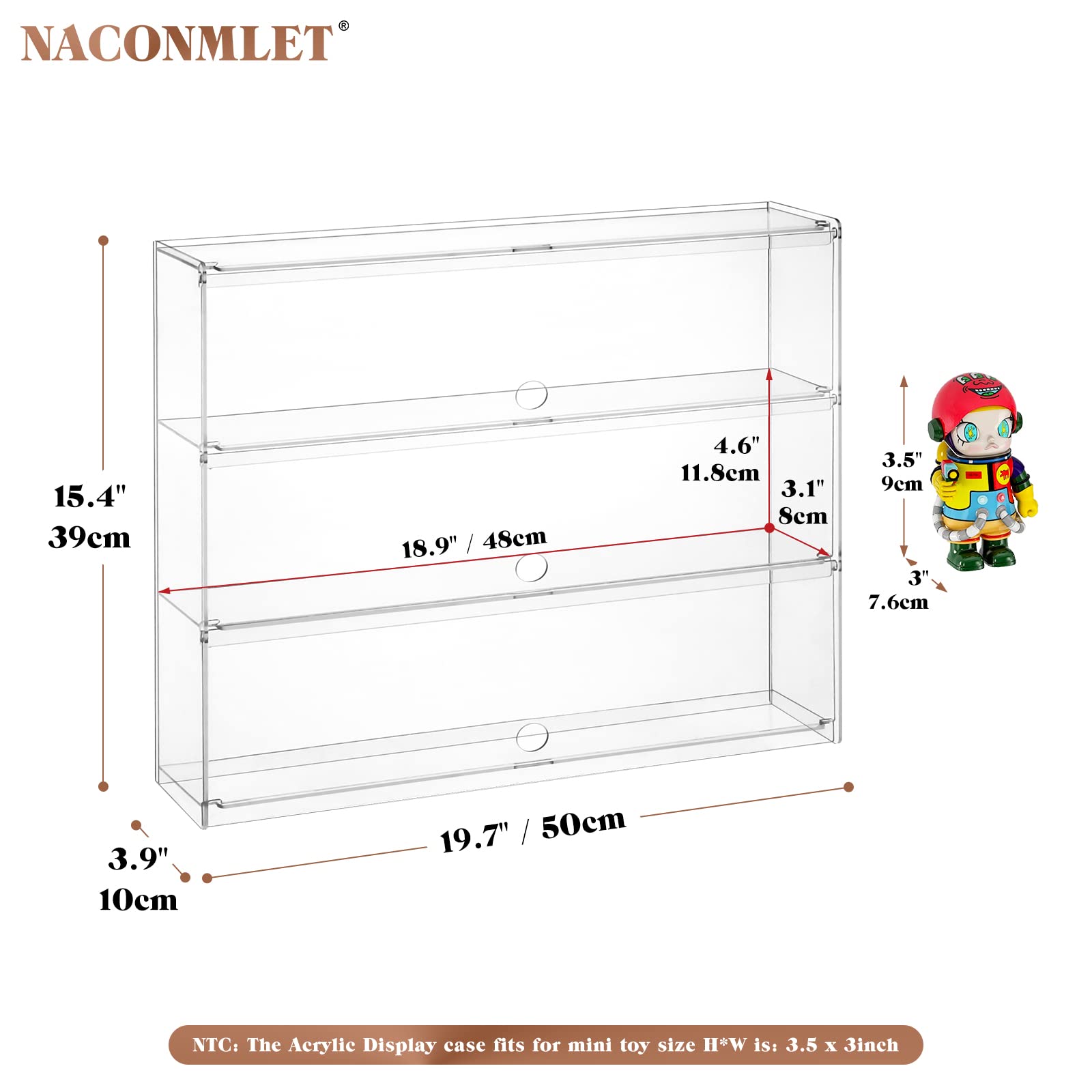 Naconmlet Clear Acrylic Display Case LED Light for Mini Figures,Wall Mounted Display Cabinet 3 Tiered Display Box for Display Figure Dustproof Showcase for Collectibles