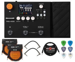 nux mg-400 multi effects pedal bundle with 2 mxr instrument cables, 2 patch cables, 3.5mm aux cable and 6 dunlop picks