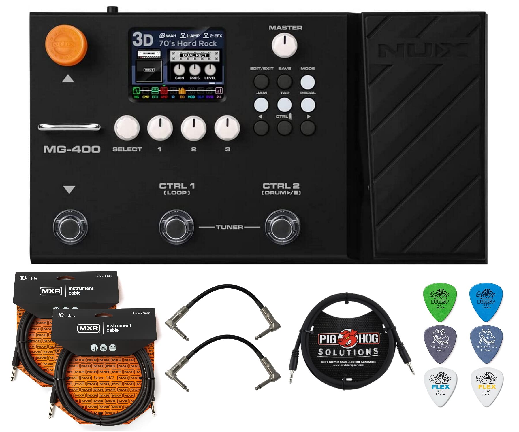 NUX MG-400 Multi Effects Pedal Bundle with 2 MXR Instrument Cables, 2 Patch Cables, 3.5mm Aux Cable and 6 Dunlop Picks