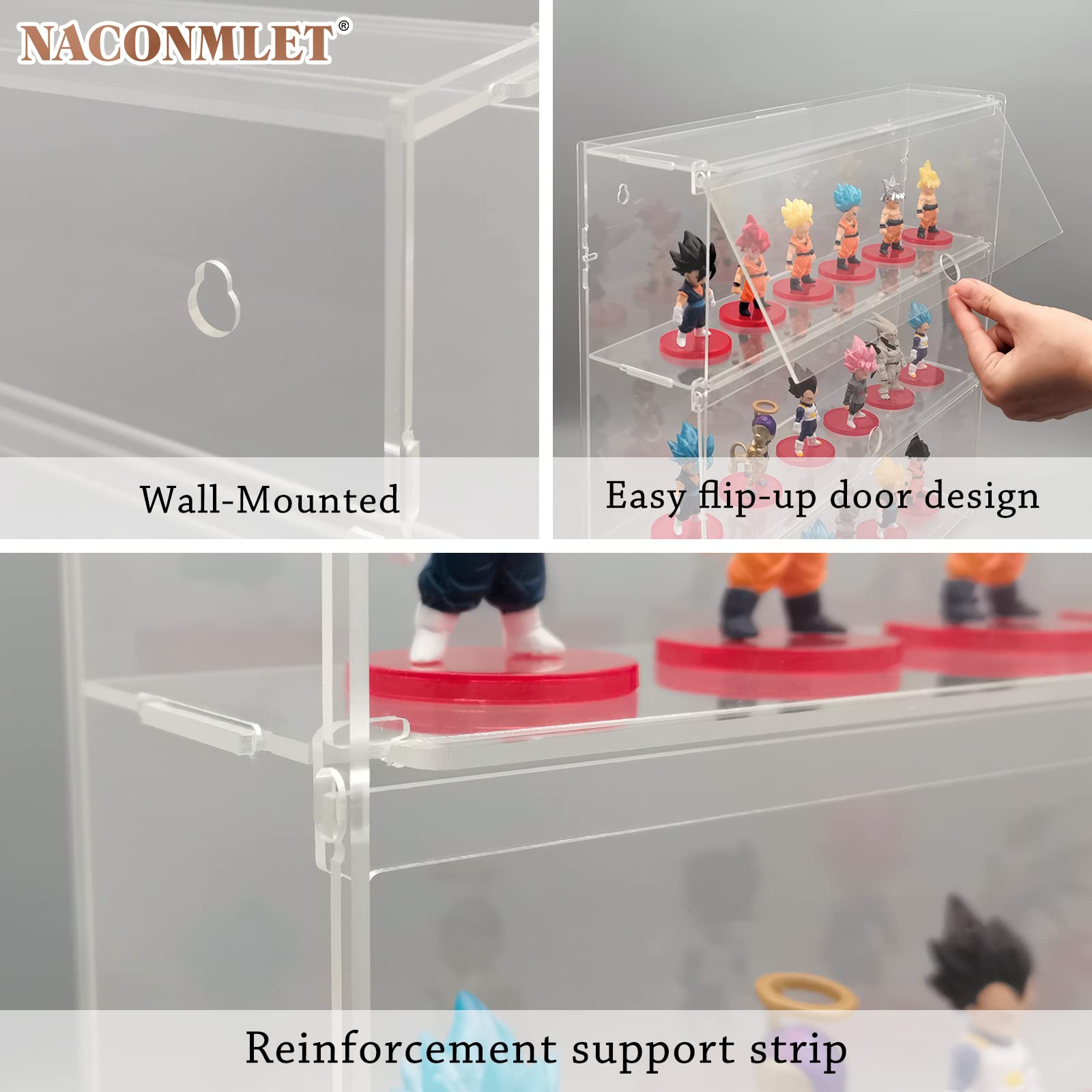 Naconmlet Clear Acrylic Display Case LED Light for Mini Figures,Wall Mounted Display Cabinet 3 Tiered Display Box for Display Figure Dustproof Showcase for Collectibles