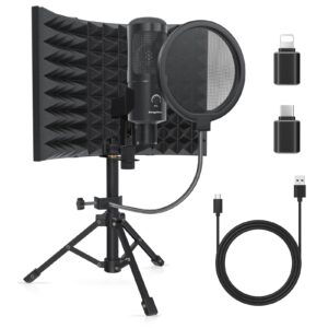 swayktech studio recording microphone isolation shield with pop filter and metal tripod stand, studio mic to pc laptop smartphone, music microphone for recording singing podcasting