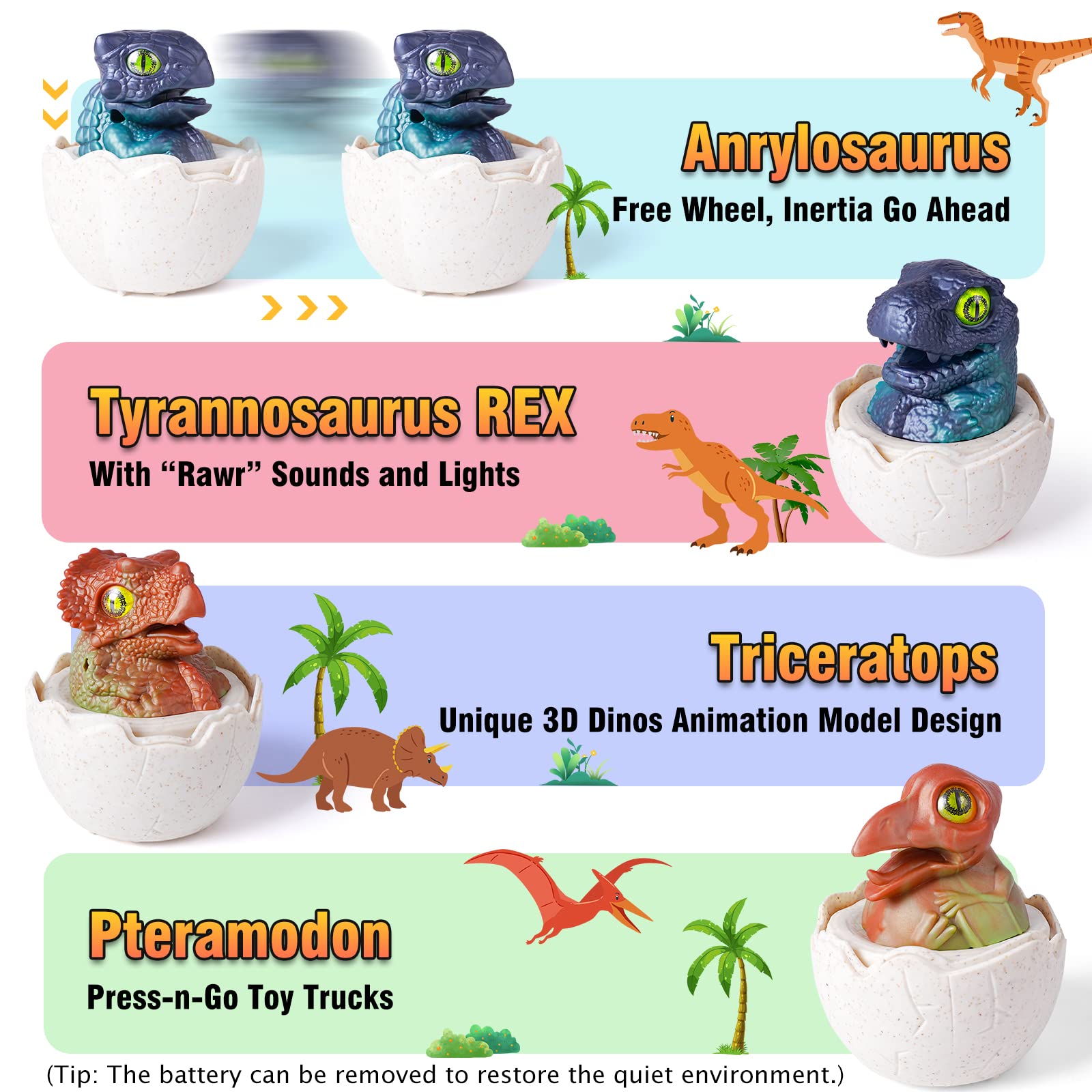 VATOS 4 Pack Dinosaur Easter Eggs, 3.85 Inch Tall Dinosaur Eggs with Sound and Light Pull-Back Cars Function, Easter Toys, Easter Basket Stuffers, Easter Gifts for Girls & Boys Dinosaur Enthusiasts