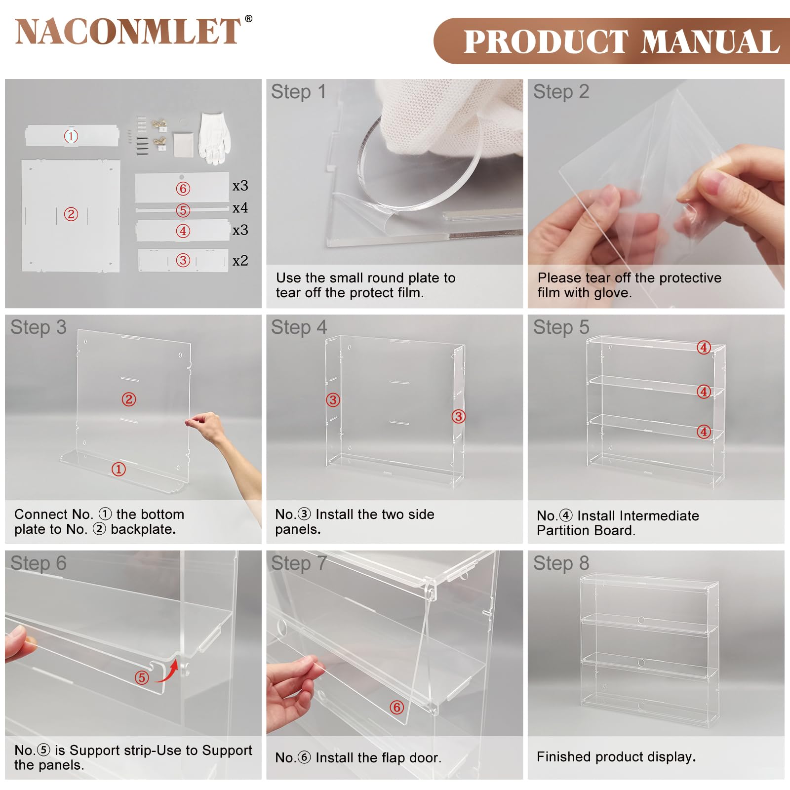 Naconmlet Clear Acrylic Display Case LED Light for Mini Figures,Wall Mounted Display Cabinet 3 Tiered Display Box for Display Figure Dustproof Showcase for Collectibles