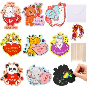 whaline valentine's day craft scratch paper ornament kit 48 pack cartoon animal art rainbow scratch double-sided scratch off paper with wooden stylus envelopes for classroom party favor decor