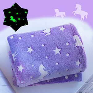 unicorn throw blanket glow in the dark soft throw blanket for girls boys with storage bag, gifts for christmas halloween birthday valentines, kids blanket, day care home travel use, 50"x60" purple