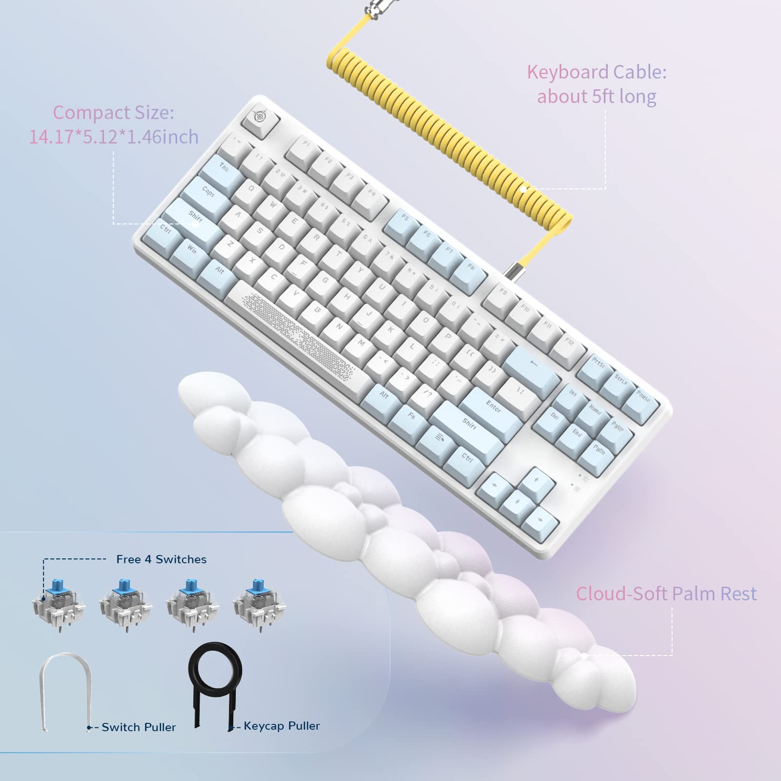 A.JAZZ AK873 Wired 87 Key TKL Mechanical Gaming Keyboard with Rainbow Backlit Hot-swap Tactile Blue Switch NKRO Gasket Ergonomic Cloud Wrist Rest Custom Coiled Aviator Cable for PC/Mac (Blue White)