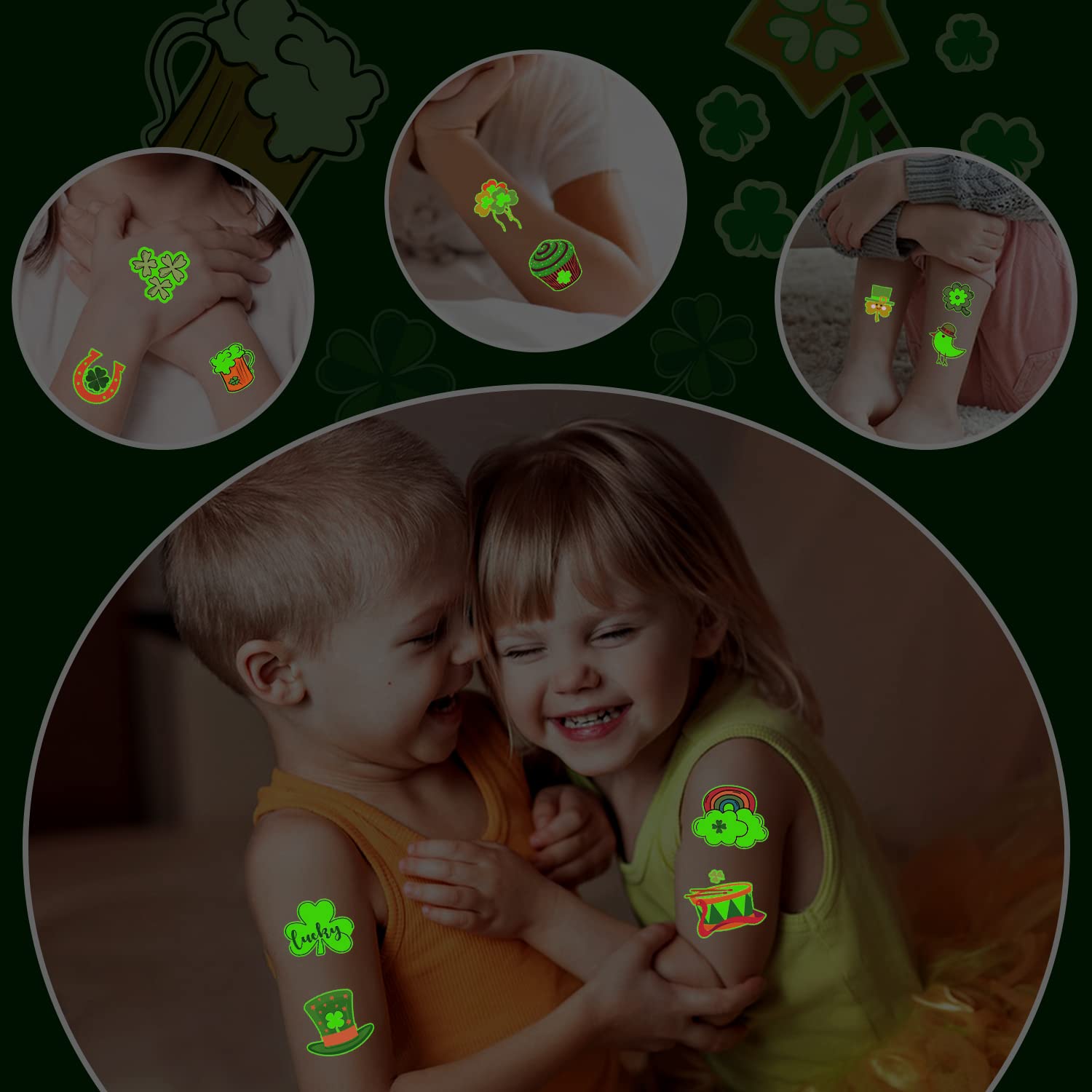 Partywind 204 Styles Glow St Patrick's Day Tattoos for Kids, Individually Wrapped Sheets Saint Patrick's Day Decorations for Party Supplies, Irish Shamrock Accessories Tattoo Stickers