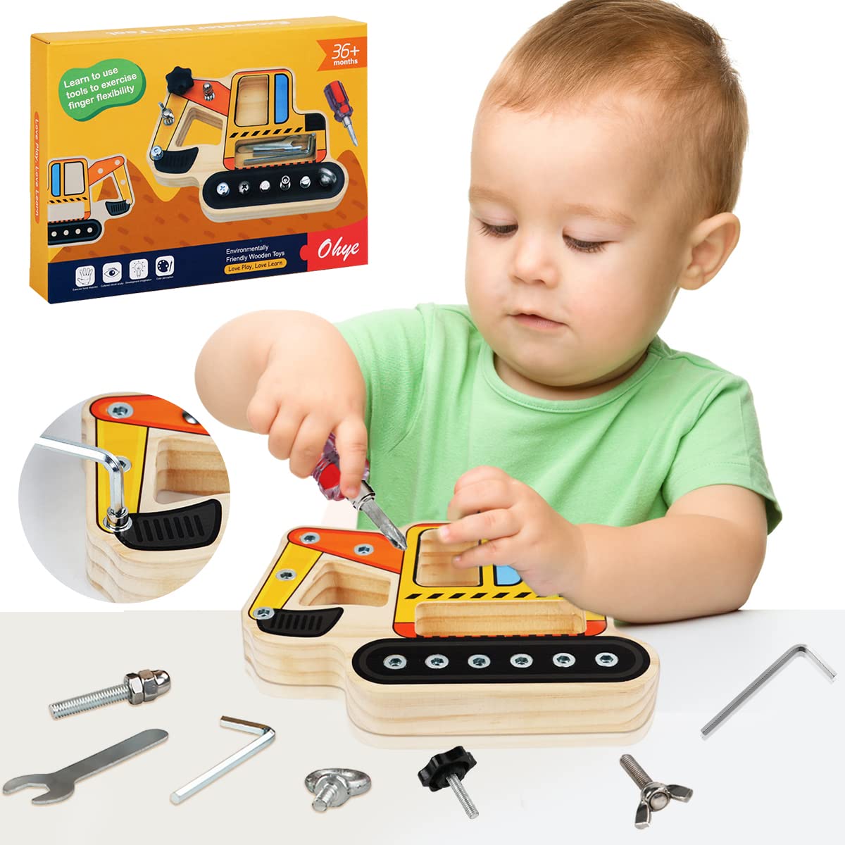 Montessori Screwdriver Board Set, Wooden Montessori Toys, Fun Excavator Busy Board Toddler Real Life Tools, Fine Motor Skills Toys, Preschool Educational Learning Sensory Toys for Kids Toddlers