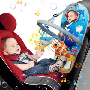 baby car seat toys for travel 6 to 12 months, adjustable with musical pedal piano, baby mirror and hanging squeaky sensory soft infant toys, rear facing