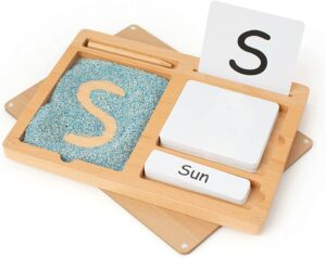 montessori sand tray for kids 3 4 5 6 years old sand writing tray learning sensory toy educational alphabet and phonic words comes with sand, tray, lid, 2 sets of flashcards, stylus (dark blue)